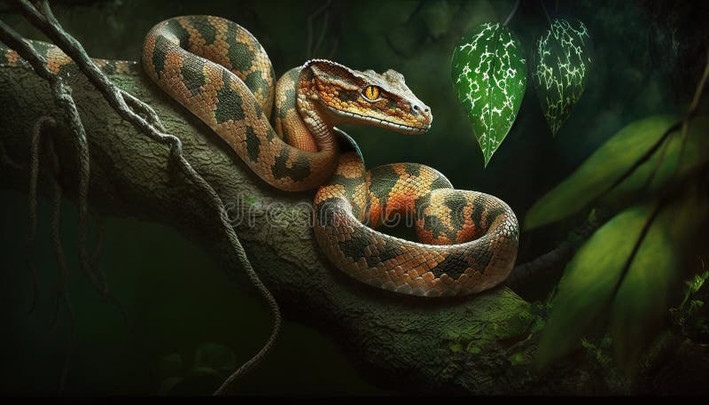 A Snake is Sitting on a Branch in the Jungle with Leaves Stock ...