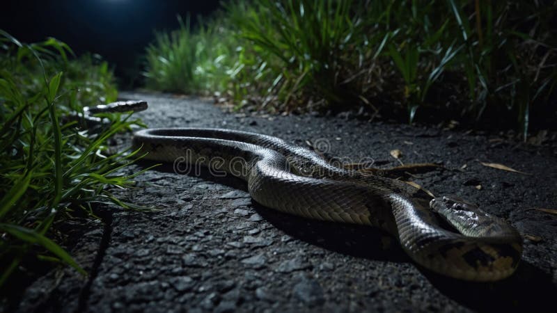 A Snake Slithering Along a Dark Path Surrounded by Tall Grass at Night ...