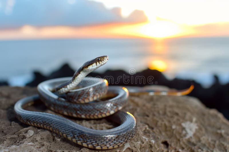Snake Slithering on Rock, Sunset Warming Scales Stock Image - Image of ...