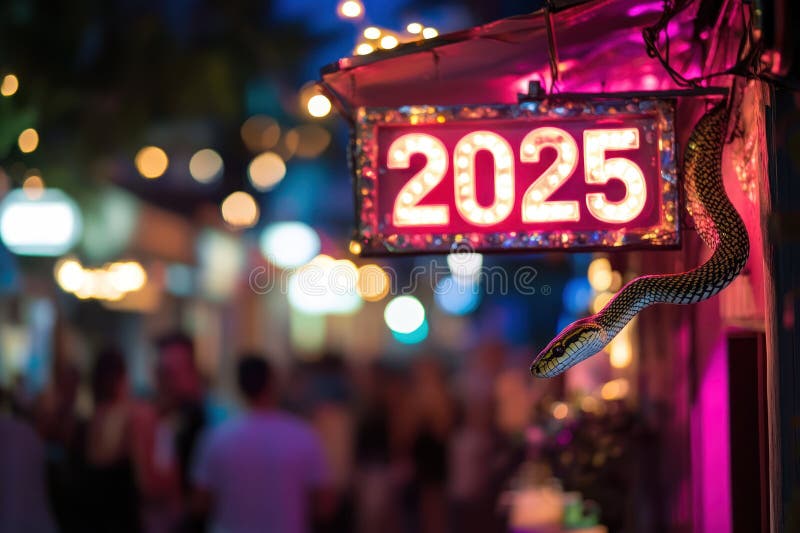 Snake Slithers Over 2025 Marquee Light Sign with Festive Crowd Stock ...