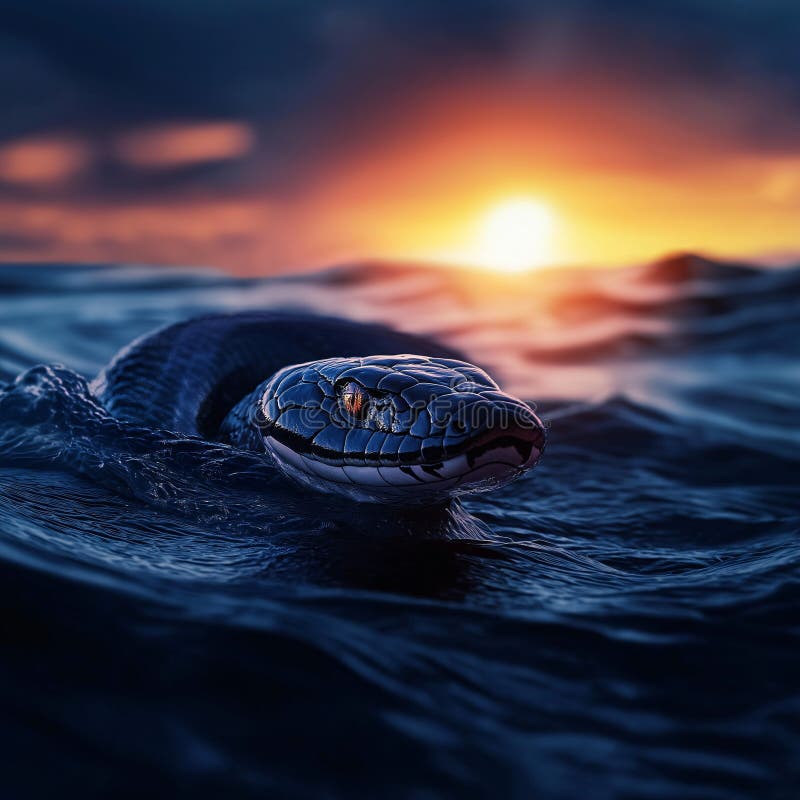 Snake Swimming in the Ocean during Sunset, Creating a Dramatic Scene ...