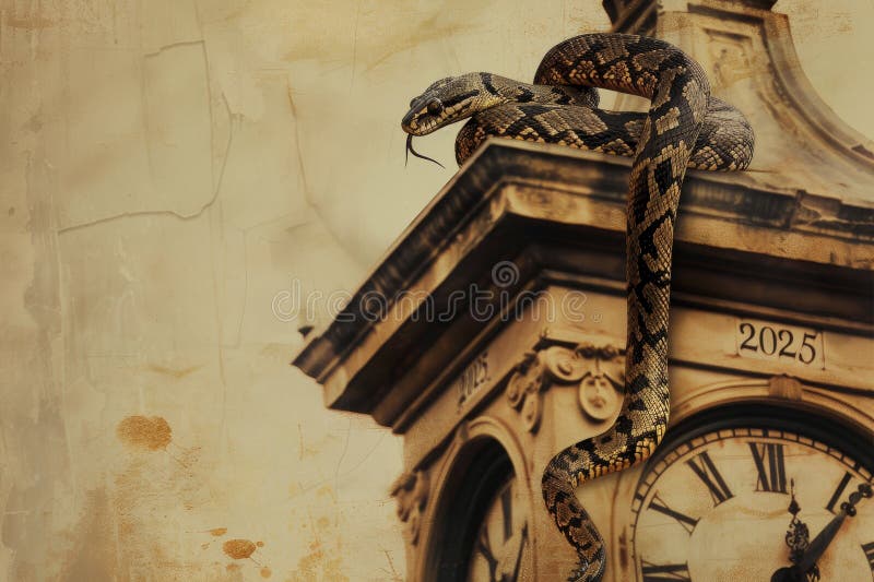 A Snake is on Top of a Clock Tower with the Hands at 12:05 Stock Photo ...
