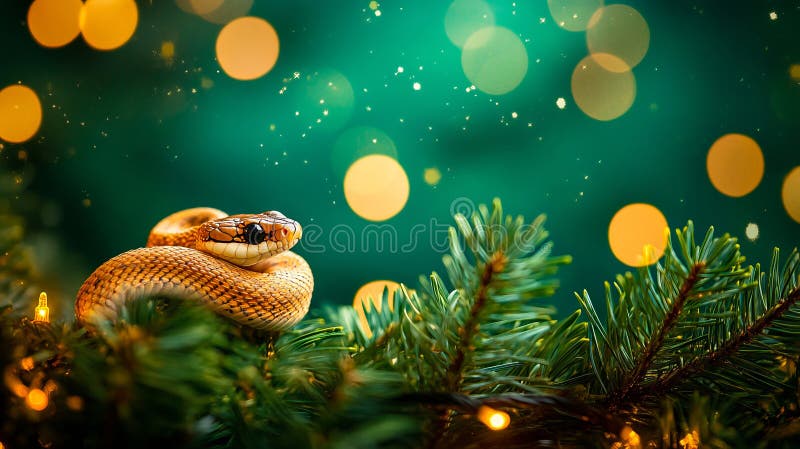 A Snake on Top of a Pine Tree with Lights in the Background Stock Image ...