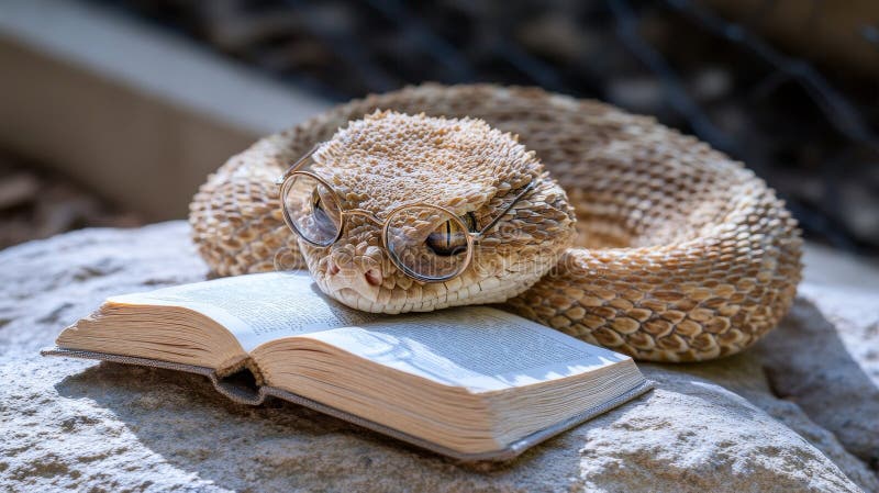 Snake Wearing Glasses Reading a Book on Rock Stock Illustration ...