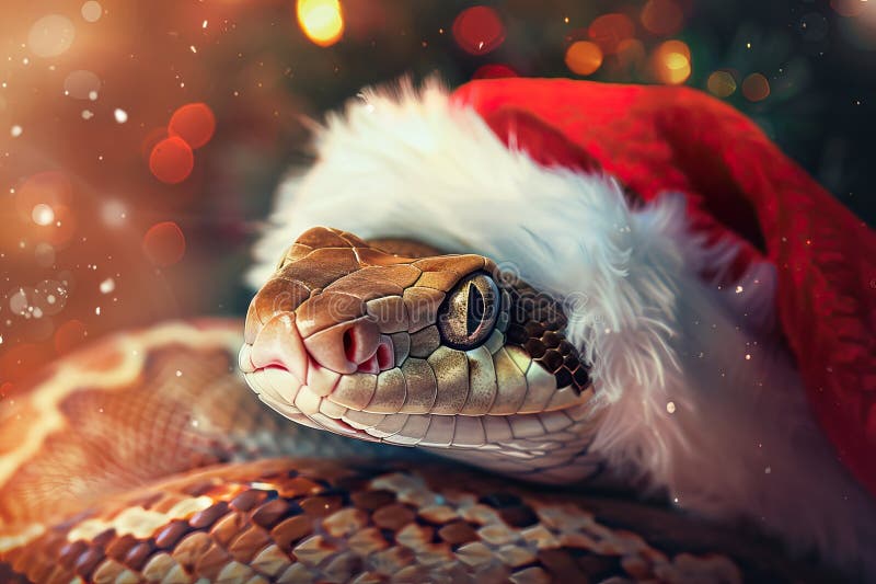 Snake Wearing a Santa Hat with Festive Holiday Lights in Background ...