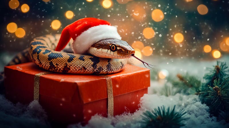 A Snake Wearing a Santa Hat Sitting on Top of a Red Gift Box Stock ...