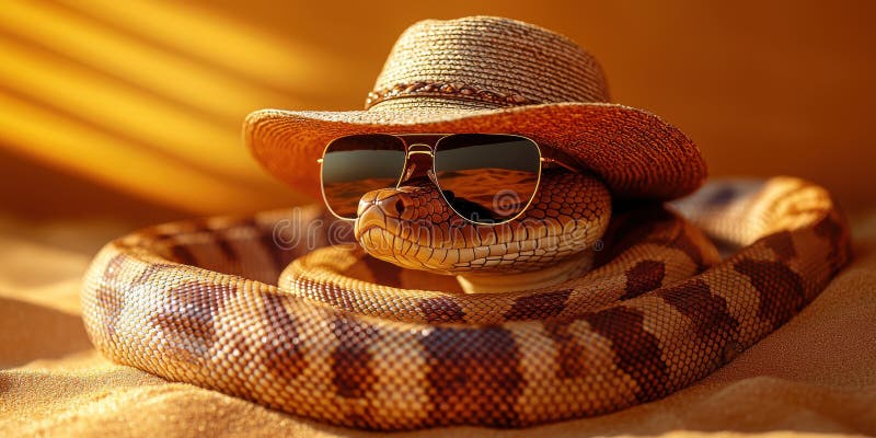 Snake Wearing Sunglasses and Hat on Sandy Surface with Warm Sunlight ...