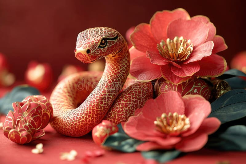 A Snake Wrapped Around Flowers on a Vibrant Red Surface Stock Image ...