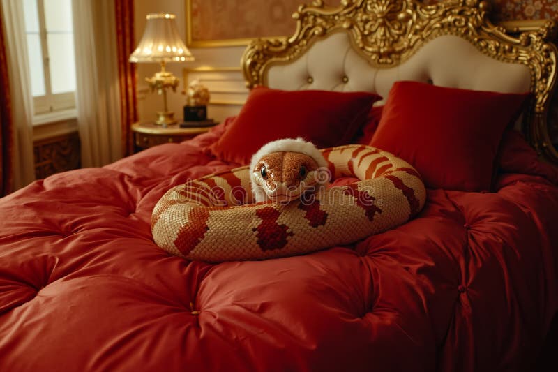 A Snake Wrapped Around a Stuffed Animal on a Bed Stock Illustration ...