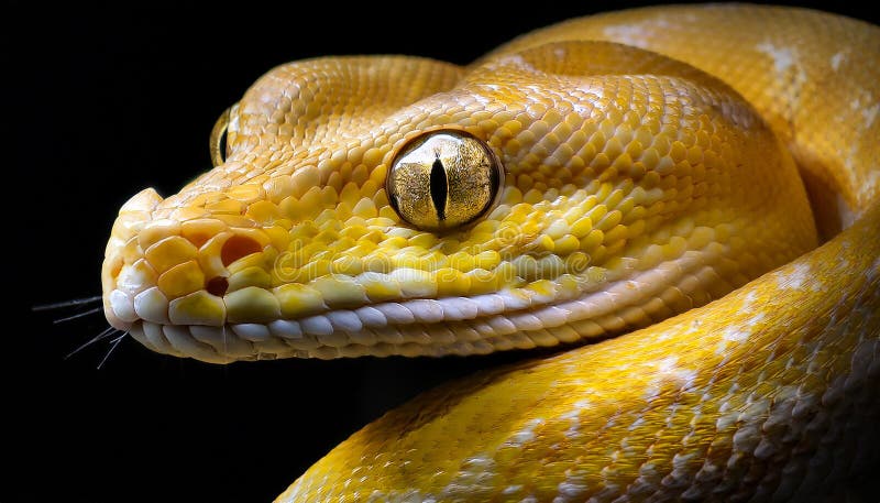 A Snake with Yellow and White Stripes on Its Body and Yellow Eyes Stock ...
