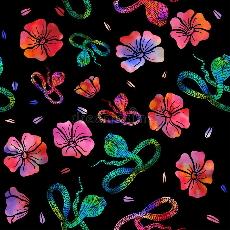 Snakes and Flowers Seamless Pattern. Eps10 Vector Illustration. Hand ...