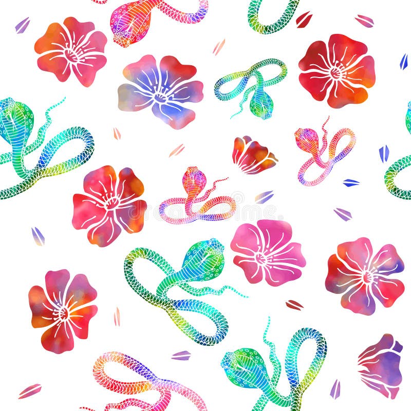 Snakes and Flowers Seamless Pattern. Eps10 Vector Illustration. Hand ...