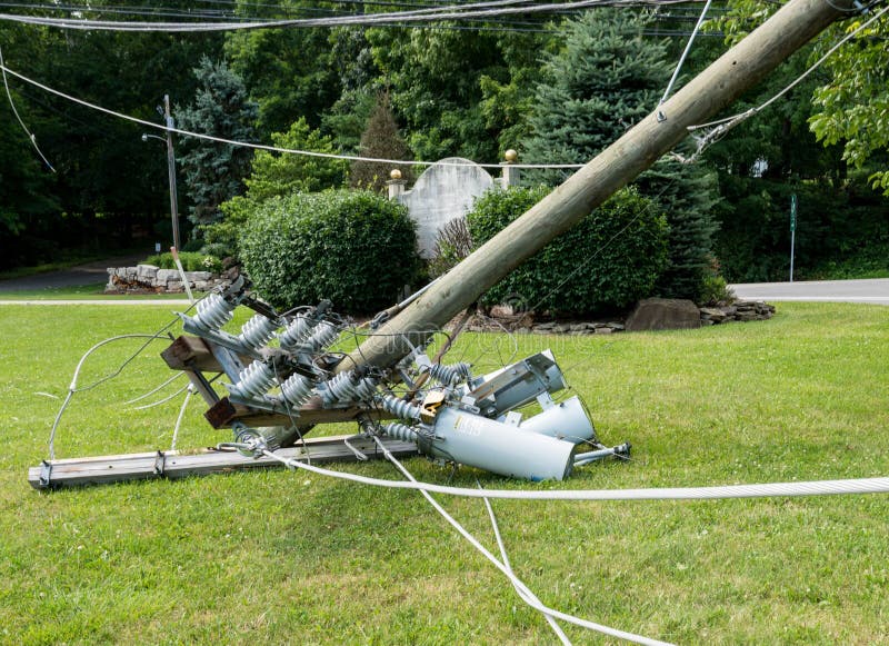 Snapped and Downed Power Post and Line after Storm Stock Image - Image ...