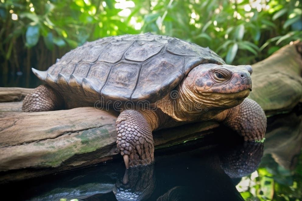 Snapping Turtle Basking in the Sun on a Leafy Log Stock Illustration ...