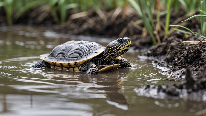 Snapping Turtle Submerged in Muddy Corner of Farm Pond Stock ...