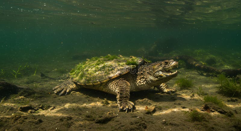 Snapping Turtle Walking Underwater on Muddy Bottom with Algae Shell ...
