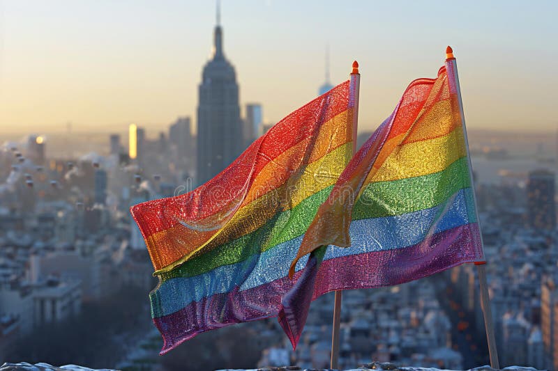 Snapshot Highlighting Two Rainbow Flags in Closeup in Front of a City, High Quality, High ...