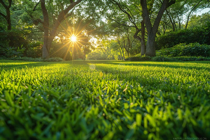 Snapshot Sun Shining through a Green Grass with Trees and Bright Trees ...