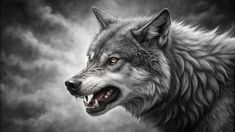 A Snarling Wolf Rendered in Charcoal, Its Fierceness Evident in Every ...