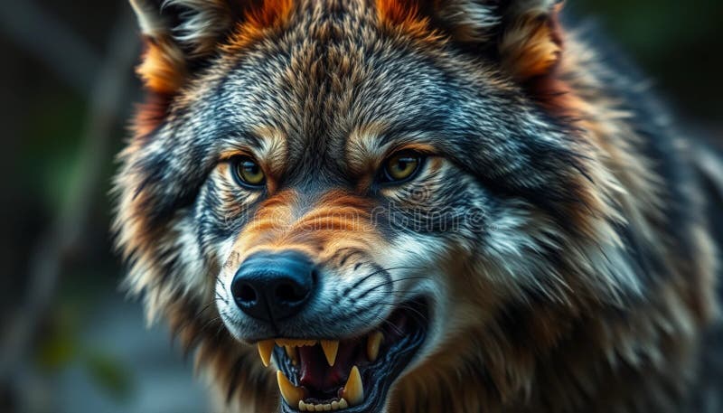 Snarling Wolf with Sharp Teeth Displays Aggression in a Forest Setting ...