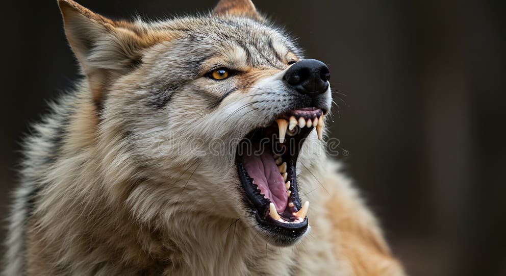 Snarling Wolf Showing Teeth Closeup with Aggressive Expression in ...
