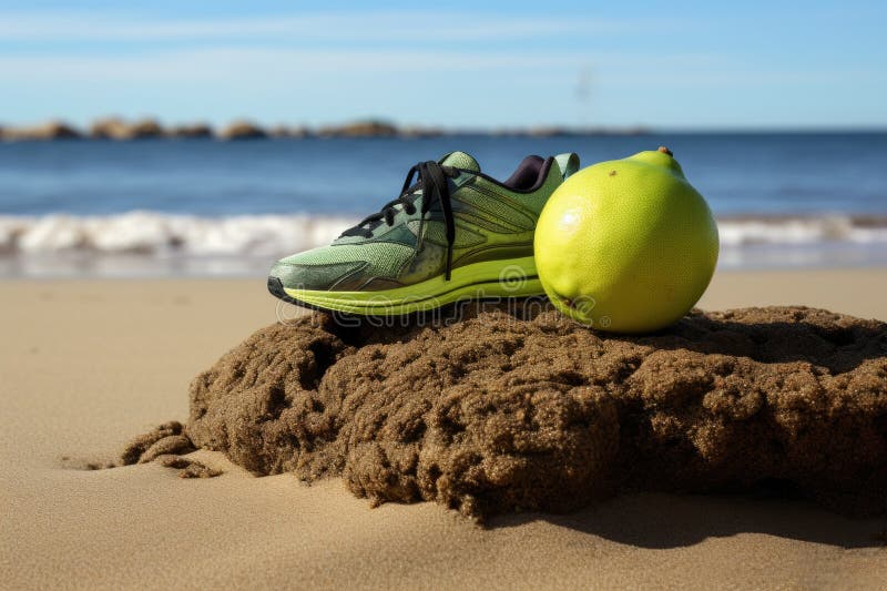 A Sneaker and an Avocado Placed Side by Side on a Sandy Beach Stock ...