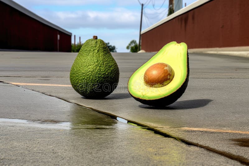 A Sneaker and an Avocado on a Skateboard, Shot on a Concrete Pavement ...