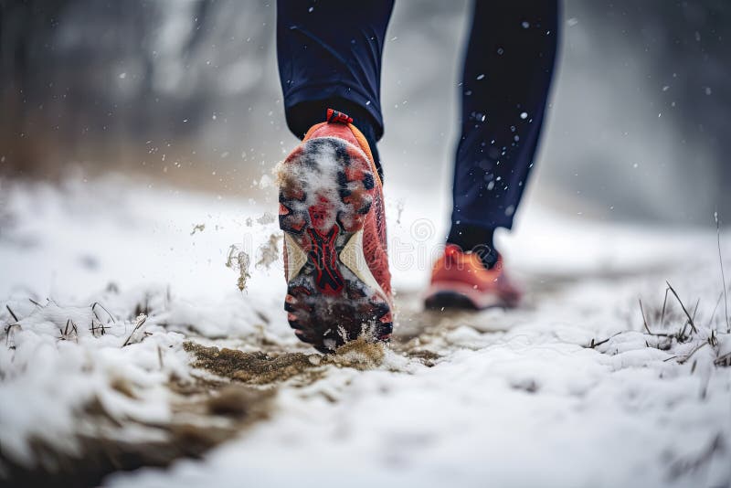 Sneaker Feet Walking on Thick Snow for Winter Exercise Concept. Stock ...