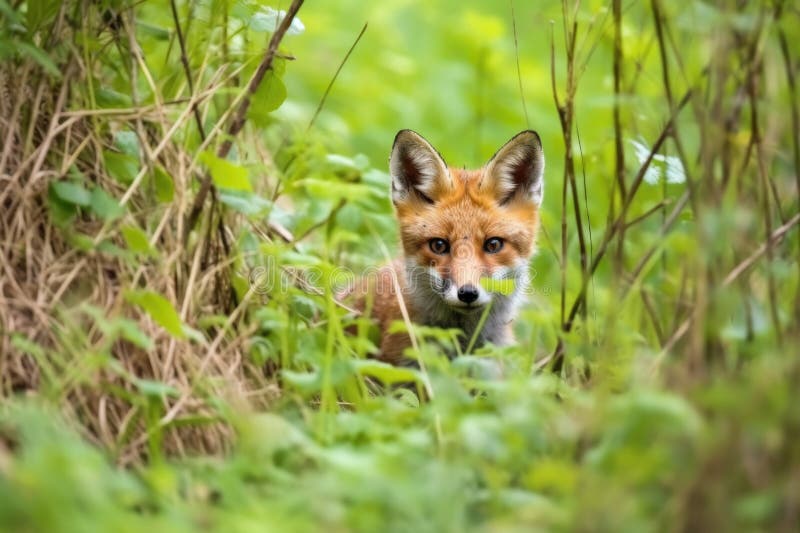A Sneaky Fox Looking Out from a Dense Undergrowth Stock Image - Image ...