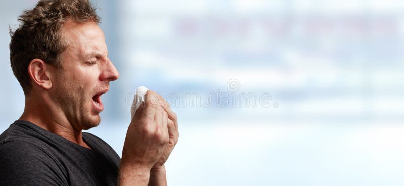 Sneezing man with cold stock image. Image of headache - 80983507