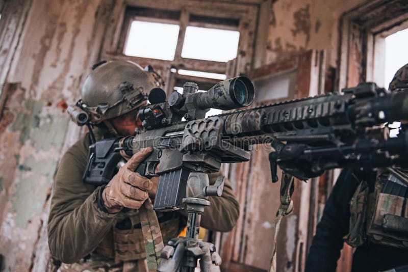 Sniper Aiming from Rifle. Selective Focus Stock Photo - Image of ...