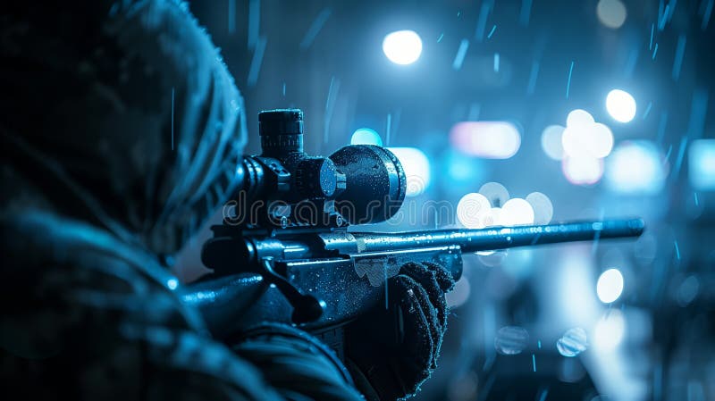 A Sniper Aims in the Rain during Nighttime Operations Stock Image ...