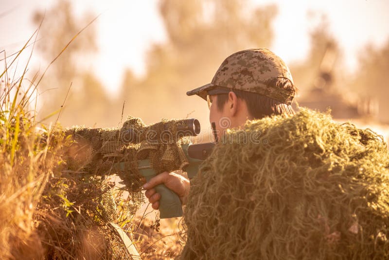 Sniper Armed with Large Caliber, Sniper Rifle, Shooting Enemy Targets ...