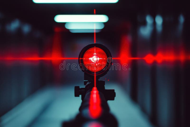 Focused View of a Sniper Rifle Aiming Down a Dark Shooting Range at ...