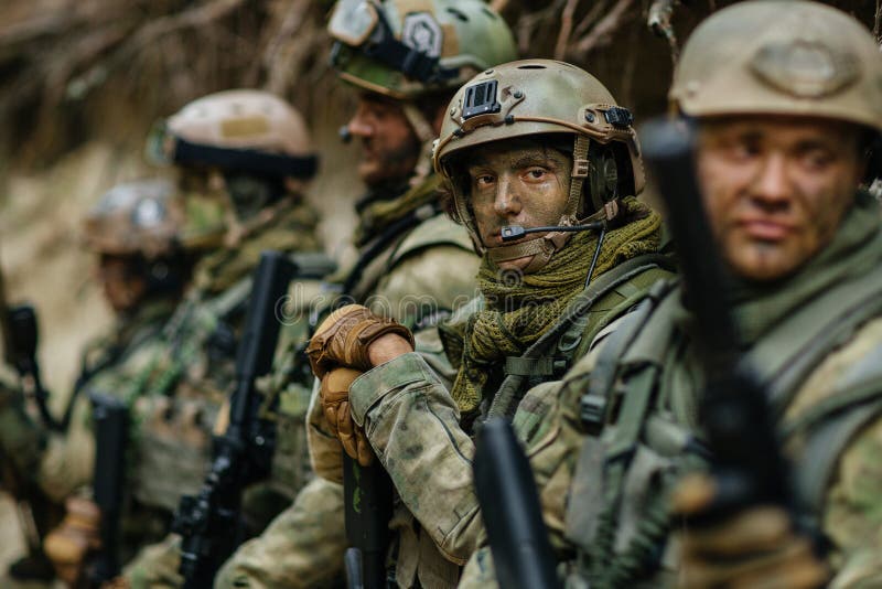 Sniper Stands with Arms and Looks Forward Stock Photo - Image of danger ...