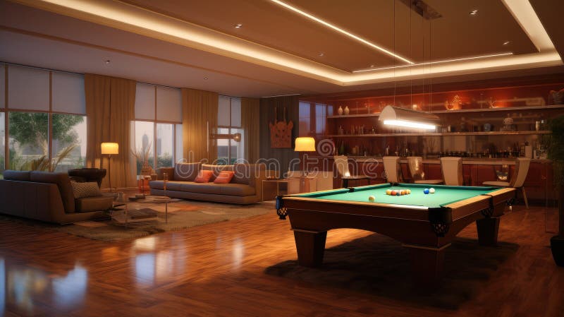 Snooker Game Room, Interior Design with Pool Table and Amazing Light ...