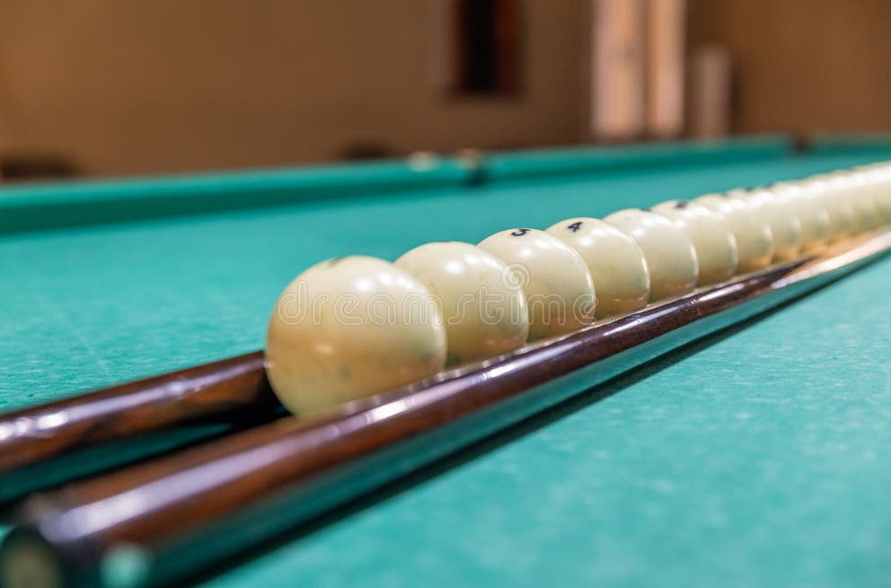Snooker Pool Balls Arrange in Row and Cue on Table Stock Image - Image ...