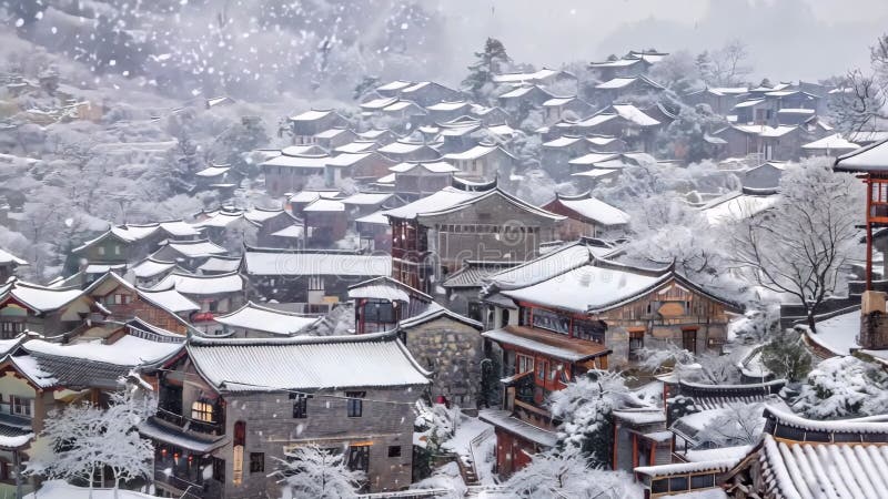 Snow in the Ancient Town of China Tower in Winter, Ancient Wind and ...