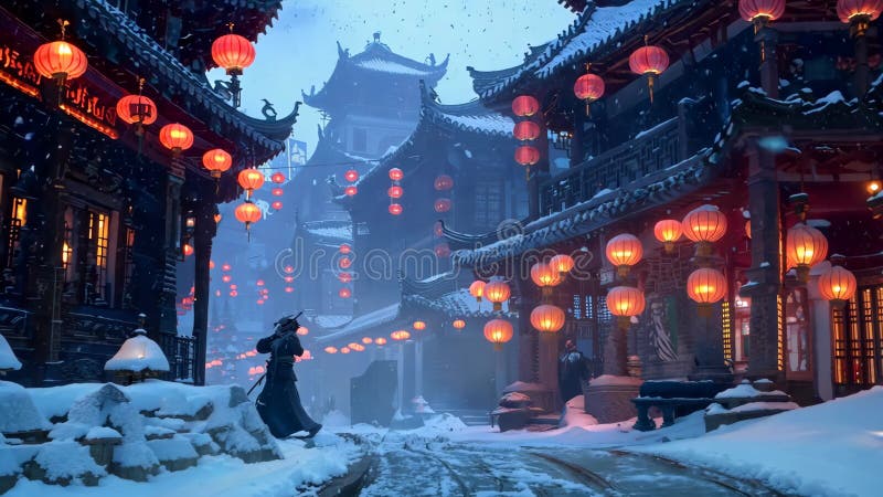 Snow in the Ancient Town of China Tower in Winter, Ancient Wind and ...