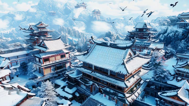 Snow in the Ancient Town of China Tower in Winter, Ancient Wind and ...