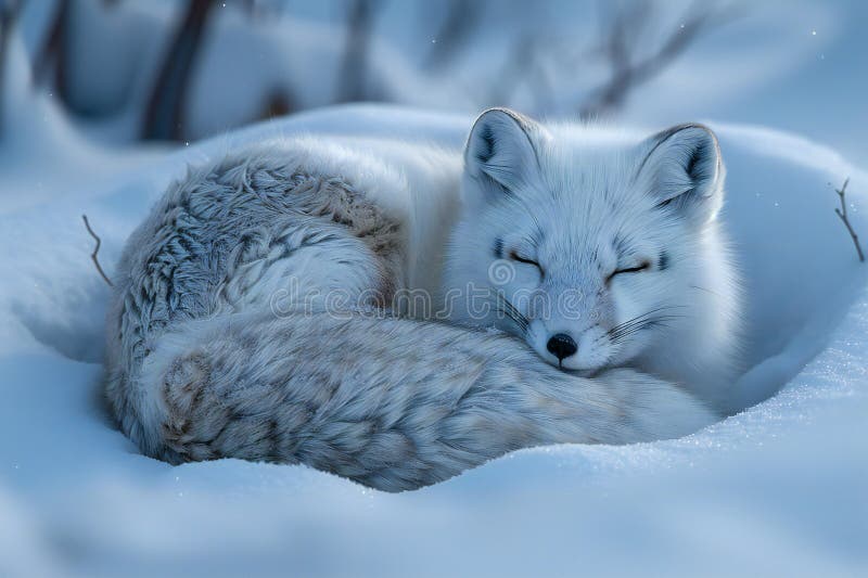 In the Snow, an Arctic Fox is Curled Up in Its Burrow, Captured from ...