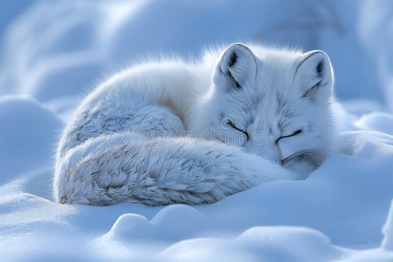 In the Snow, an Arctic Fox is Curled Up in Its Burrow, Captured from ...
