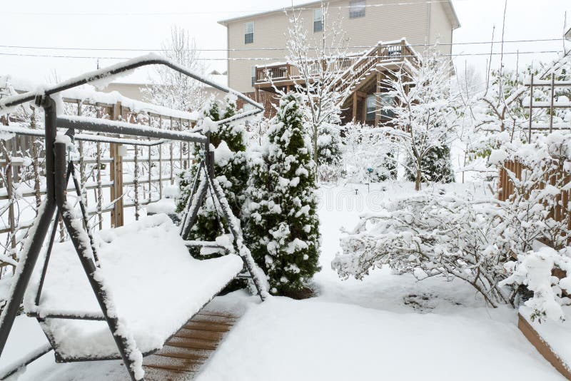Garden and Patio after Snowfall at Night Stock Image - Image of ...