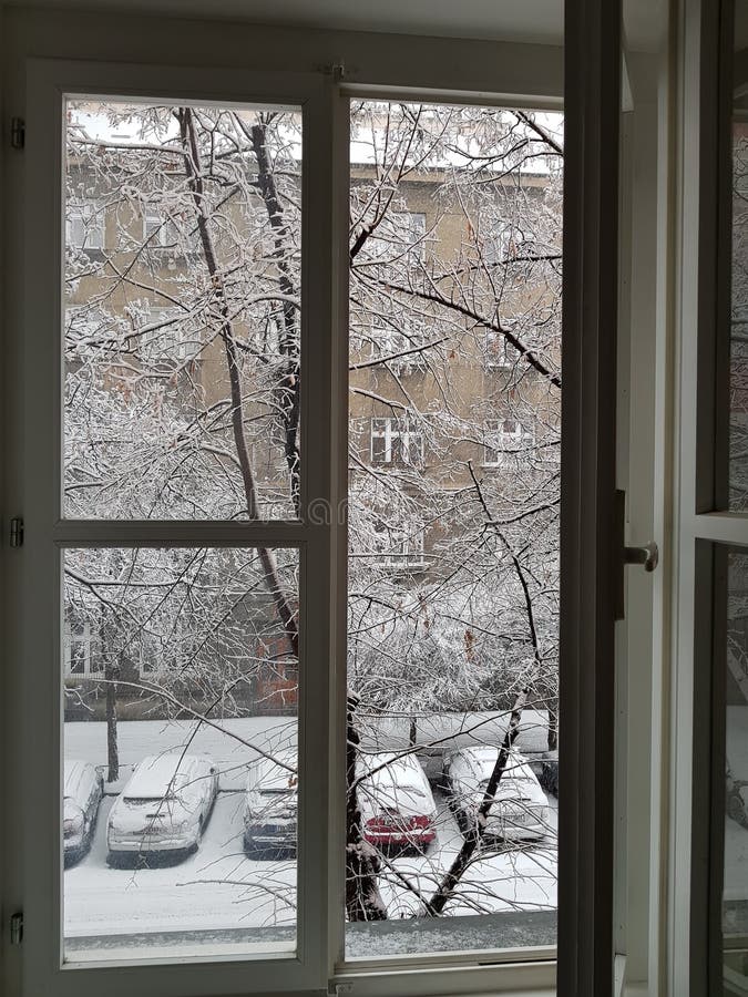 Snow behind the window editorial photography. Image of prague - 138355612
