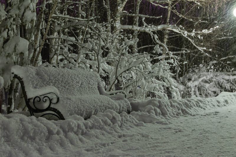 Snow on a Bench in the Night Park Stock Photo - Image of street ...