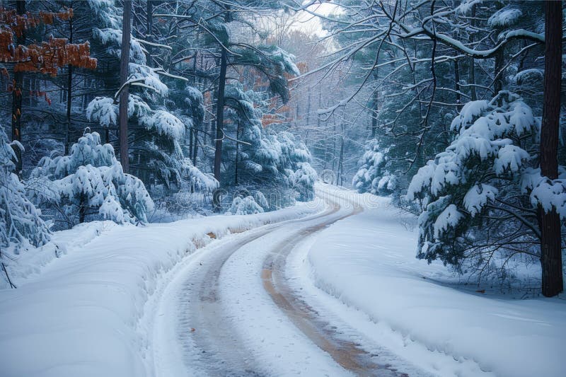 Snow-blanketed Forest Path with Pine Trees Gracefully Draped in Fresh ...