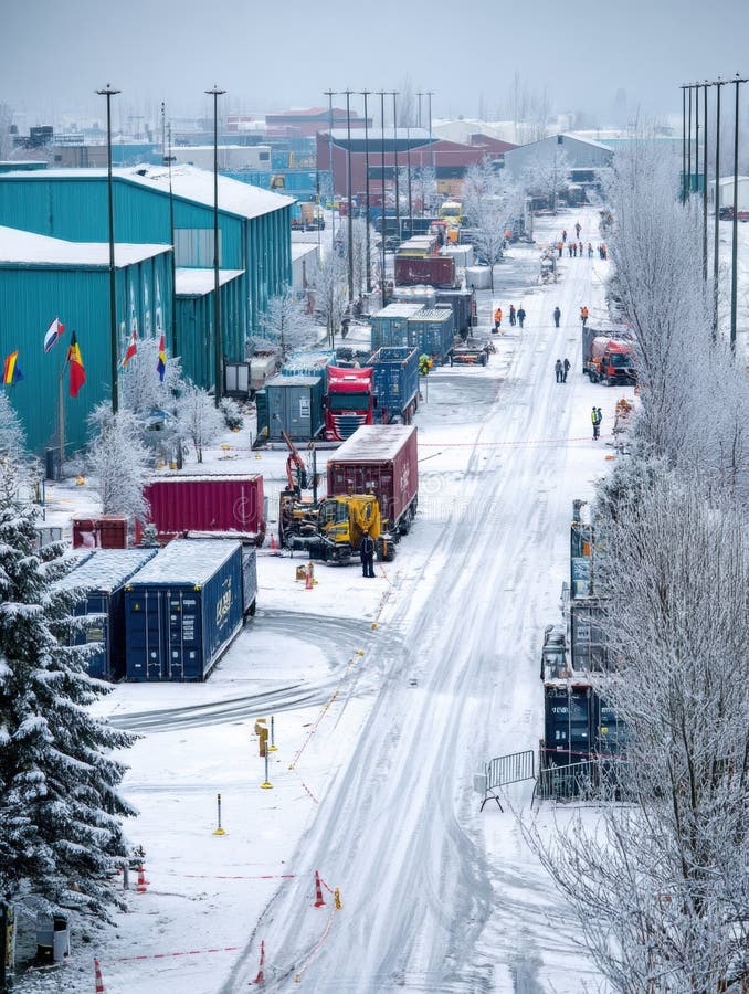 Frozen Cargo Terminal Under Lockdown with Customs Flags Displayed in ...