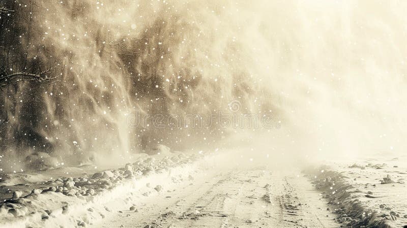 Snow Blowing Along a Dirt Road in a Winter Storm at Dusk Stock ...