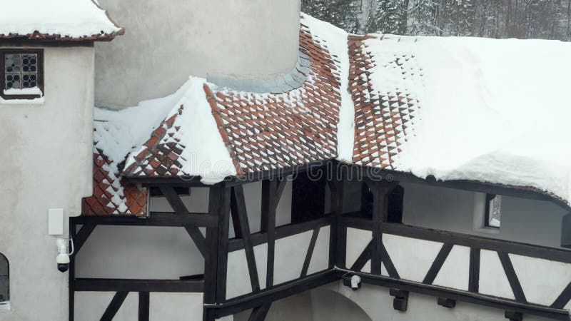 Snow Blown from Red Roofs of the Medieval Castle at Snow Blizzard Stock ...