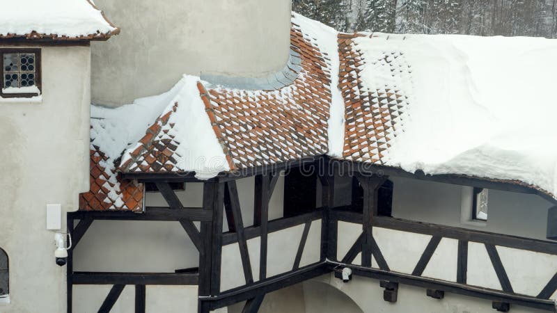 Snow Blown from Red Roofs of the Medieval Castle at Snow Blizzard Stock ...